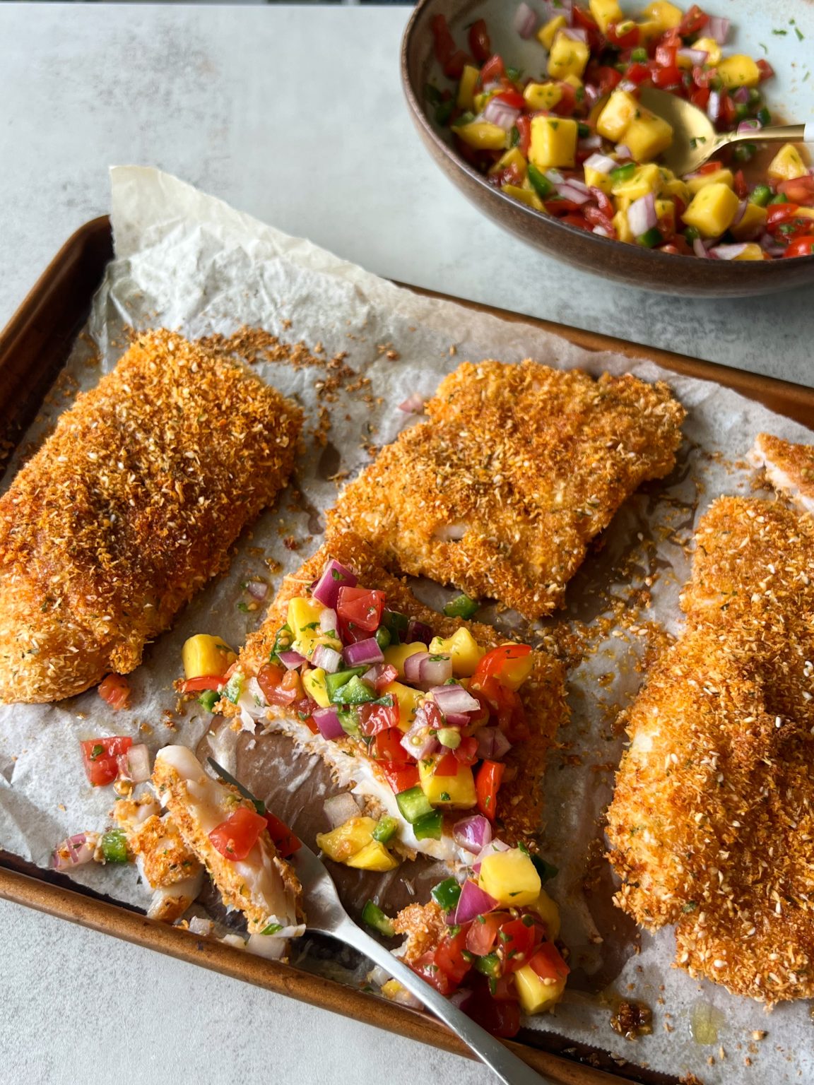 Coconut Crusted Fish with Mango Salsa - Something Nutritious