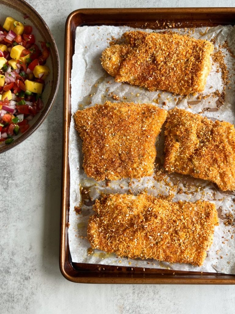 Coconut Crusted Fish with Mango Salsa - Something Nutritious