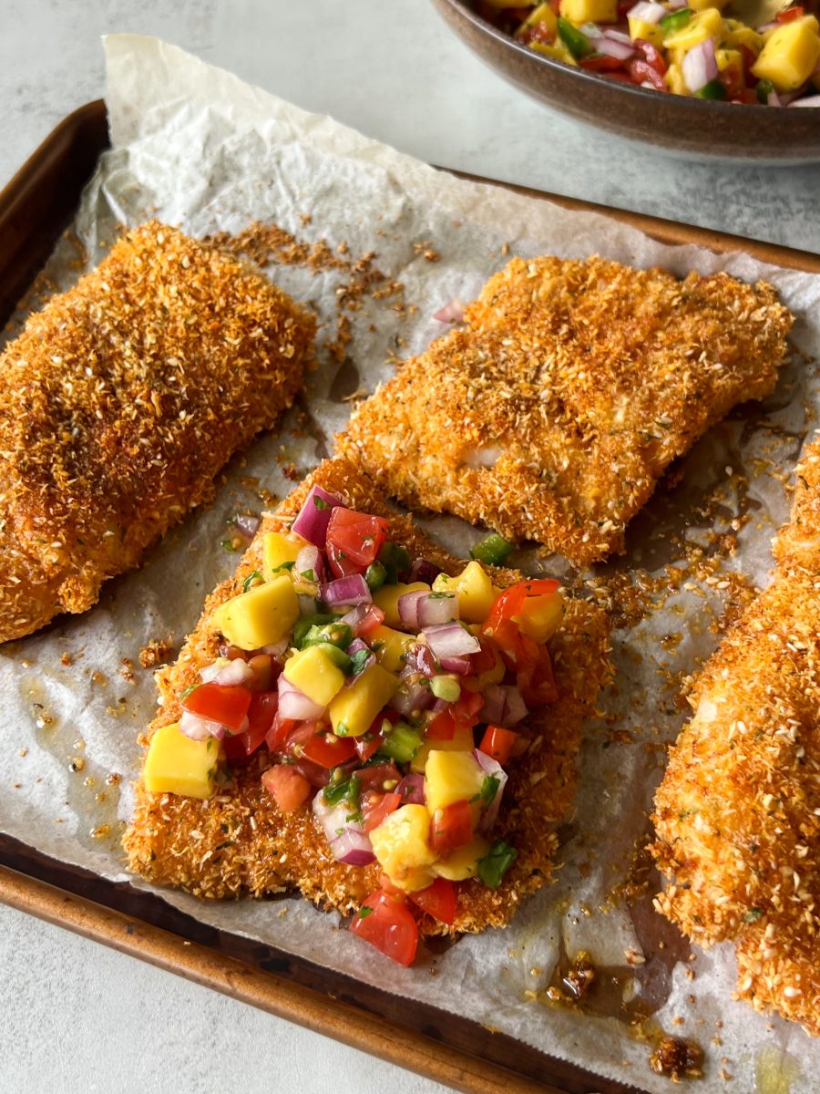 Coconut Crusted Fish with Mango Salsa - Something Nutritious