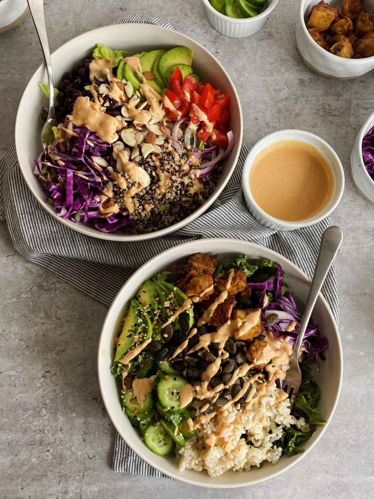 Sweet Potato Feta Bowls with Harissa Tahini - Something Nutritious