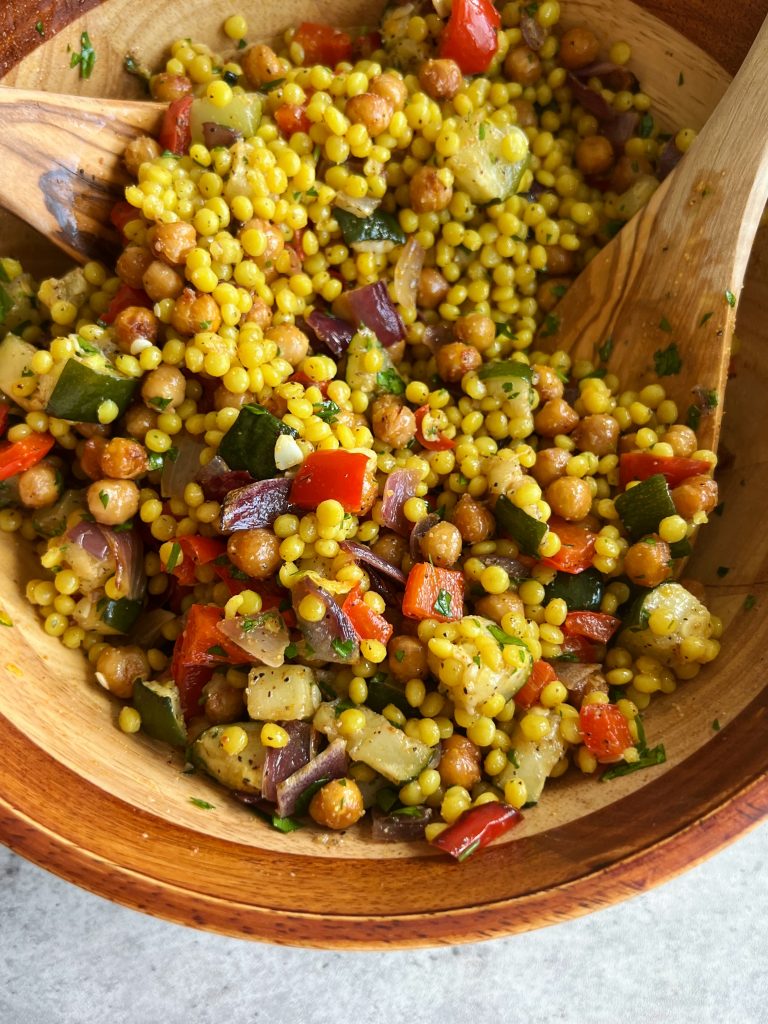 Pearl Couscous with Roasted Vegetables & Chickpeas - Something Nutritious