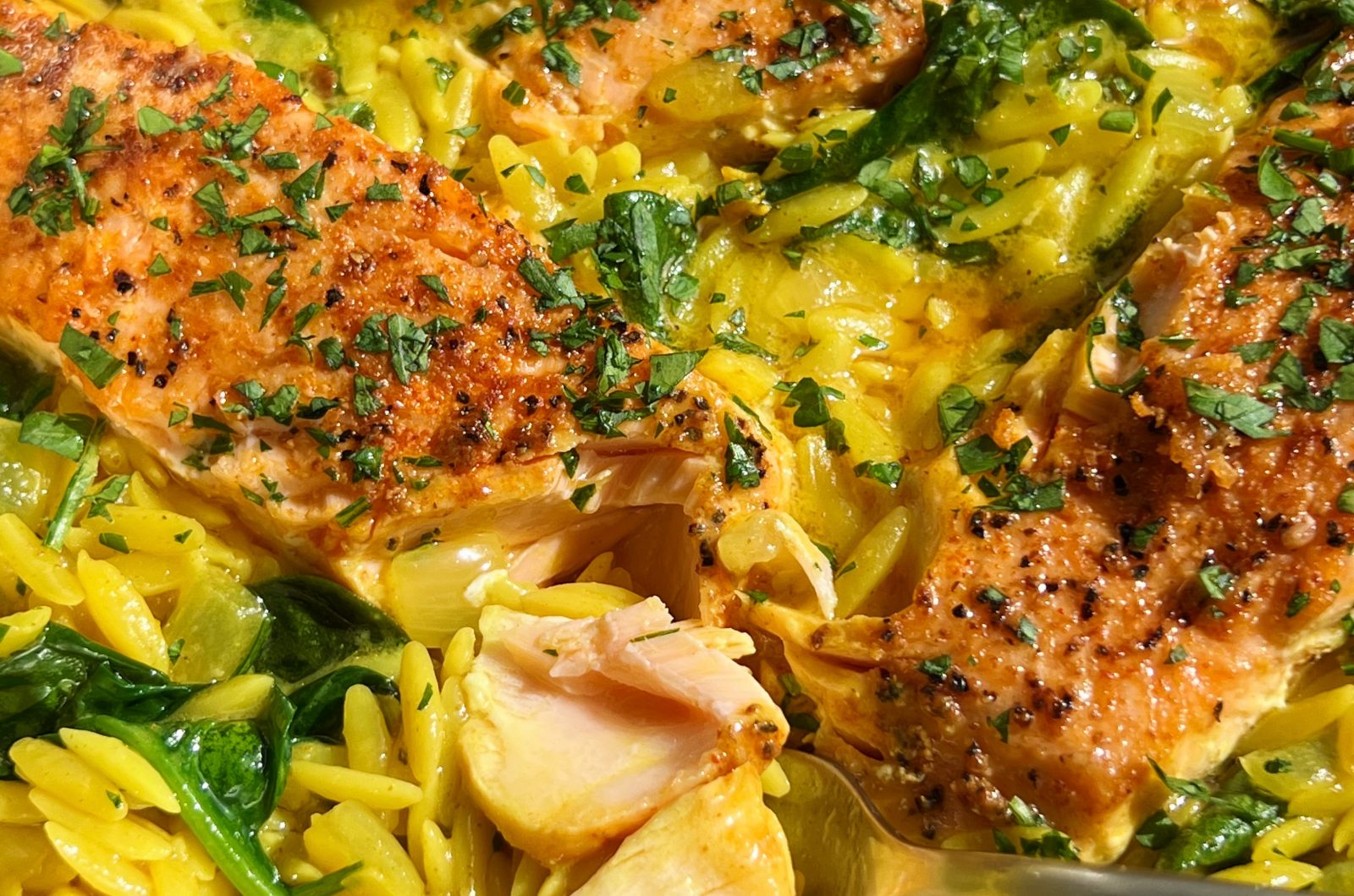 One-Pan Creamy Coconut Orzo and Salmon - Something Nutritious