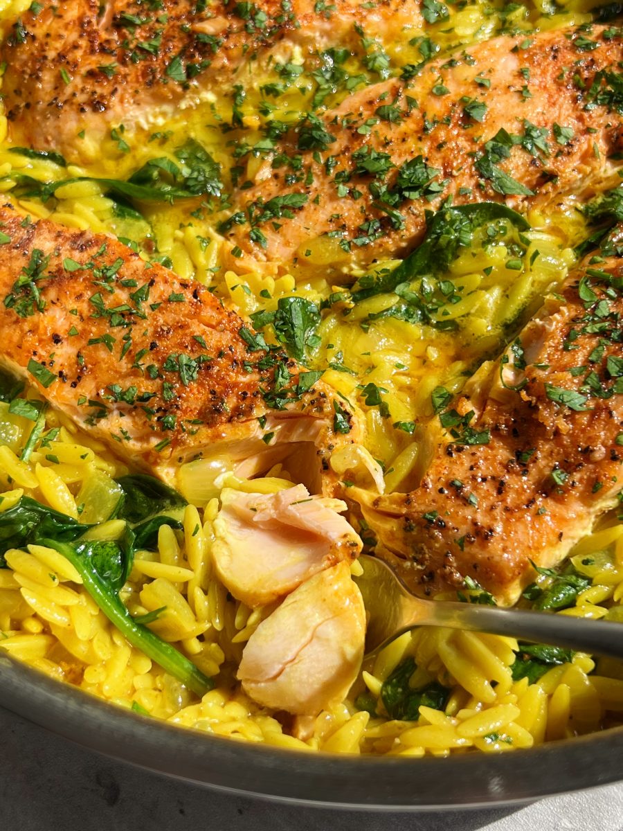 One-Pan Creamy Coconut Orzo and Salmon - Something Nutritious