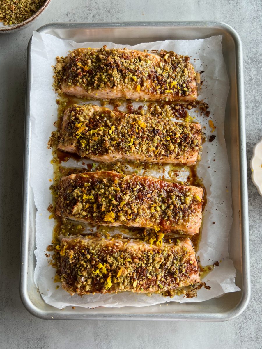 Walnut & Pistachio Salmon with Citrus Date Glaze - Something Nutritious