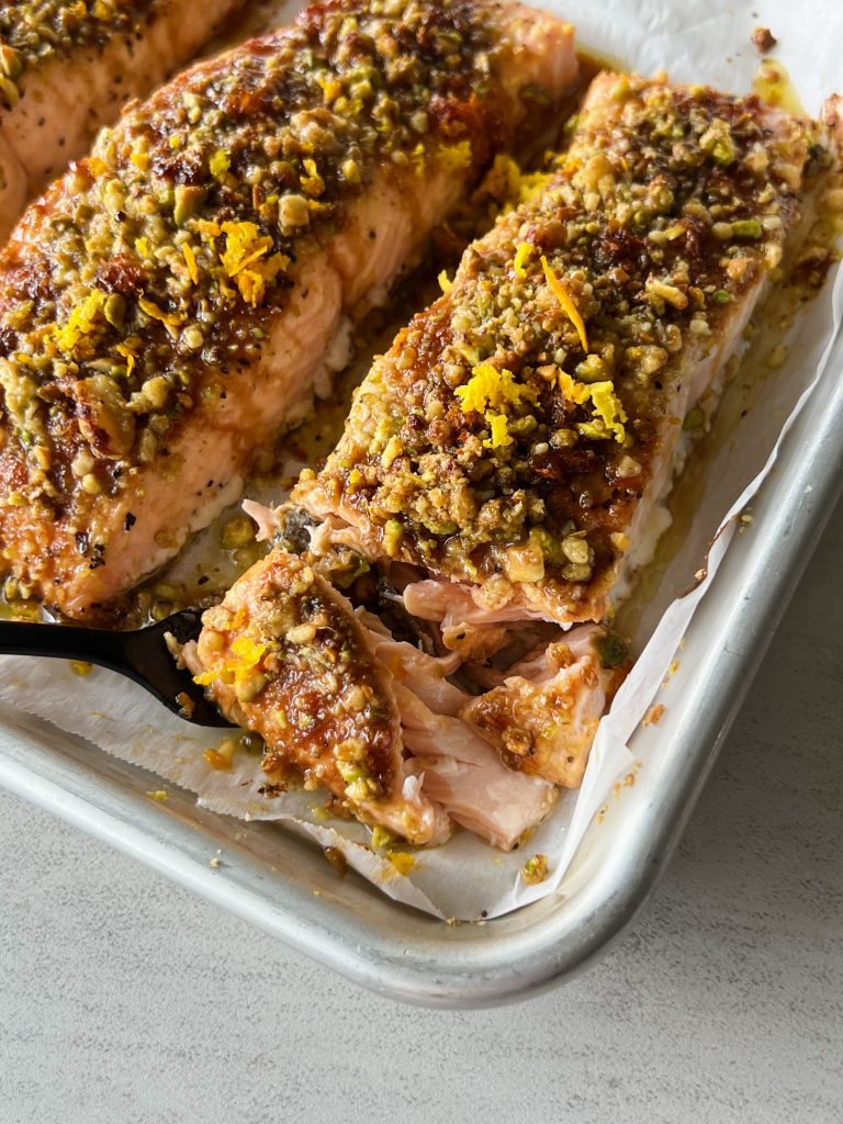 Walnut & Pistachio Salmon with Citrus Date Glaze - Something Nutritious