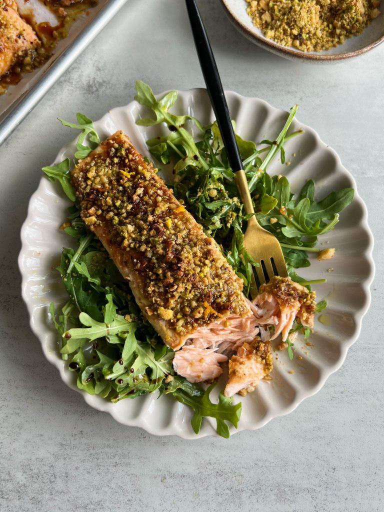 Walnut & Pistachio Salmon with Citrus Date Glaze - Something Nutritious