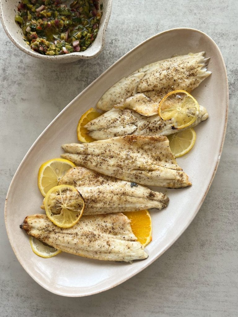 Branzino with Citrus Olive Salsa - Something Nutritious