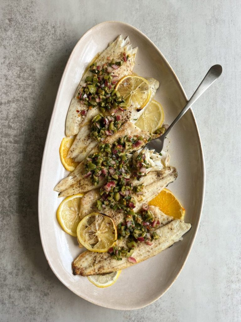 Branzino with Citrus Olive Salsa - Something Nutritious