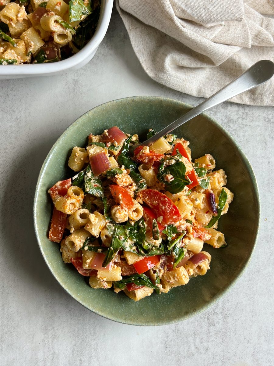 Baked Feta Pasta with Harissa - Something Nutritious