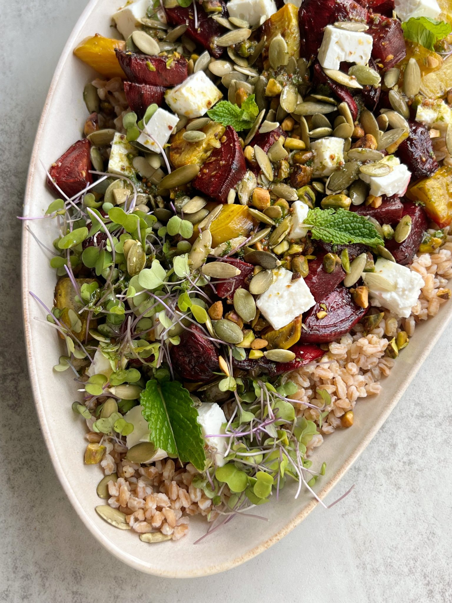 Farro and Beet Salad with Mint Vinaigrette - Something Nutritious
