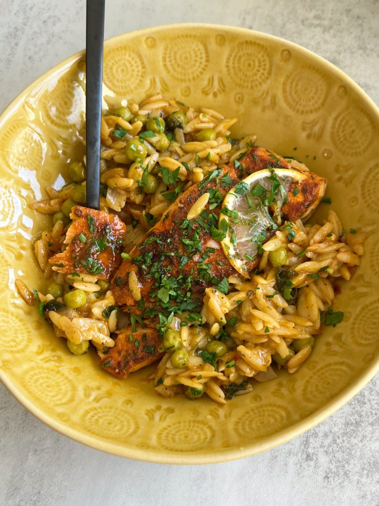 One-pan Lemon Orzo and Salmon - Something Nutritious