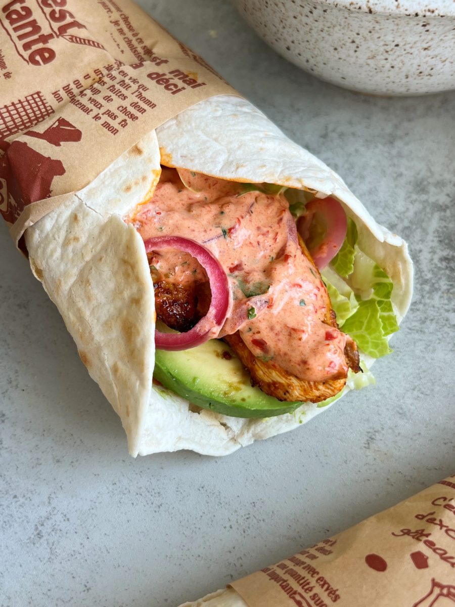 Avocado Chicken Wraps with Harissa Mayo - Something Nutritious