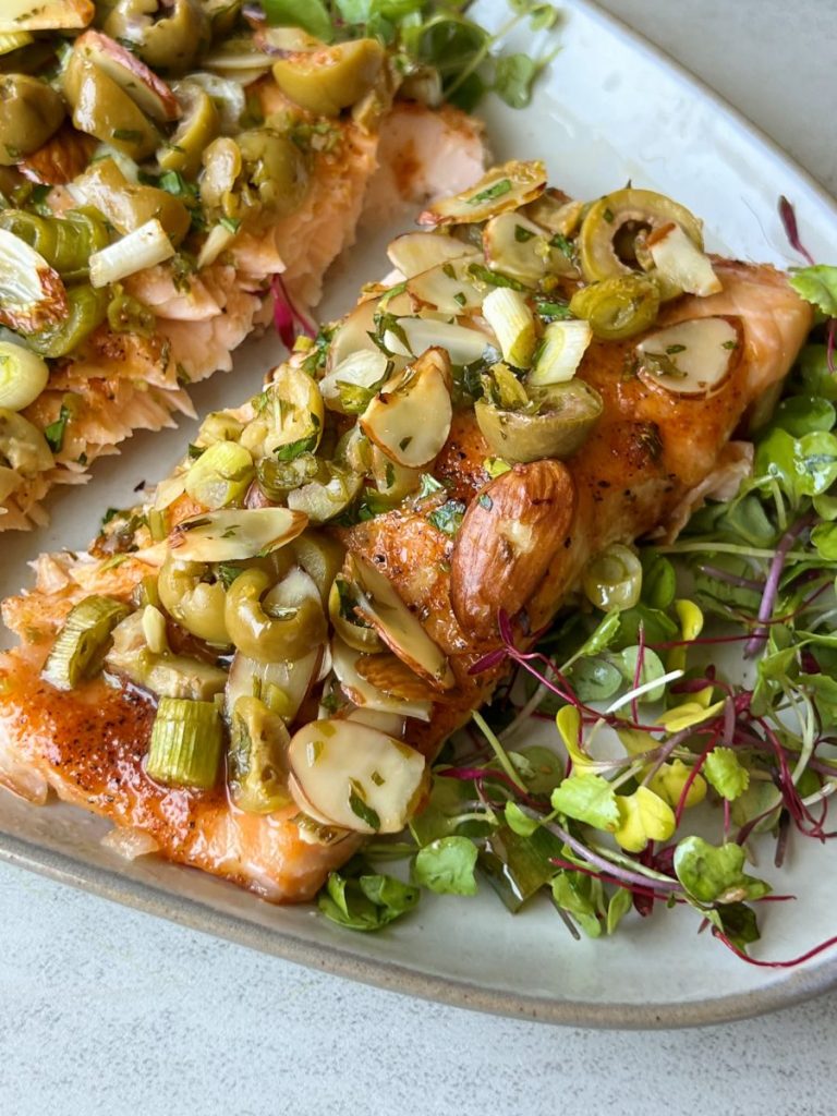 Baked Salmon with Olives and Almonds - Something Nutritious