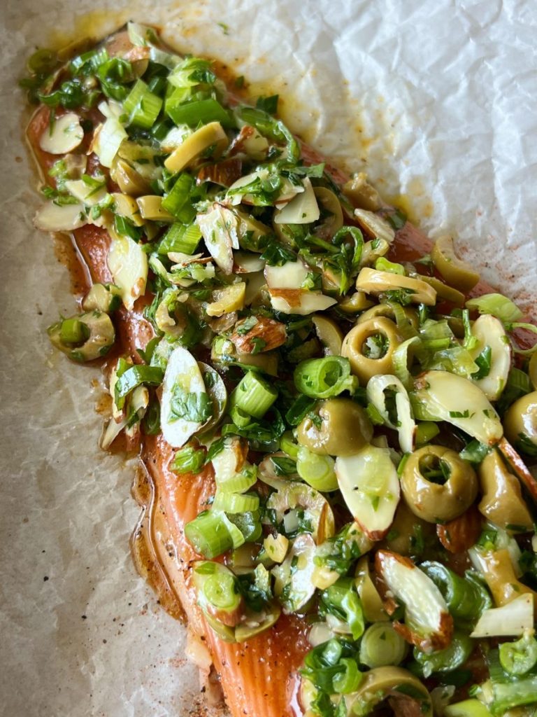 Baked Salmon with Olives and Almonds - Something Nutritious