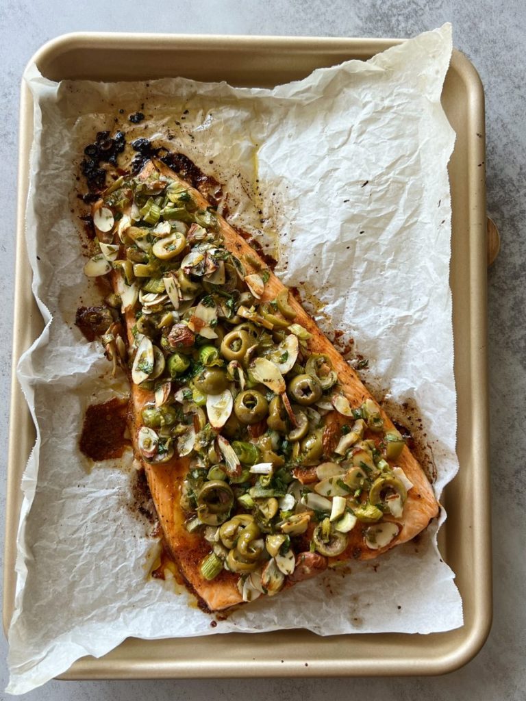 Baked Salmon with Olives and Almonds - Something Nutritious
