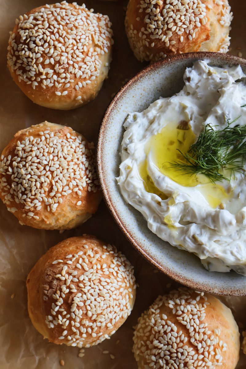 Sesame Bagel Bites with Olive Cream Cheese - Something Nutritious