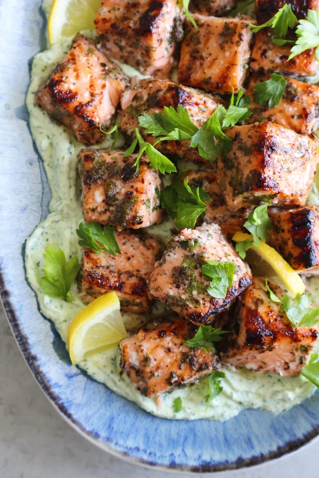 Sumac Salmon Bites with Herb Whipped Feta - Something Nutritious
