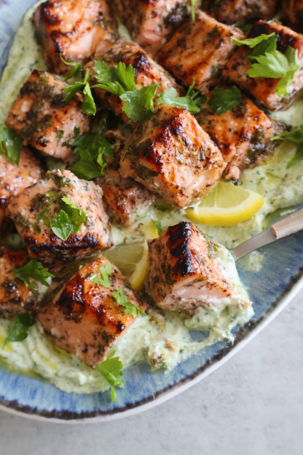 Sumac Salmon Bites with Herb Whipped Feta - Something Nutritious