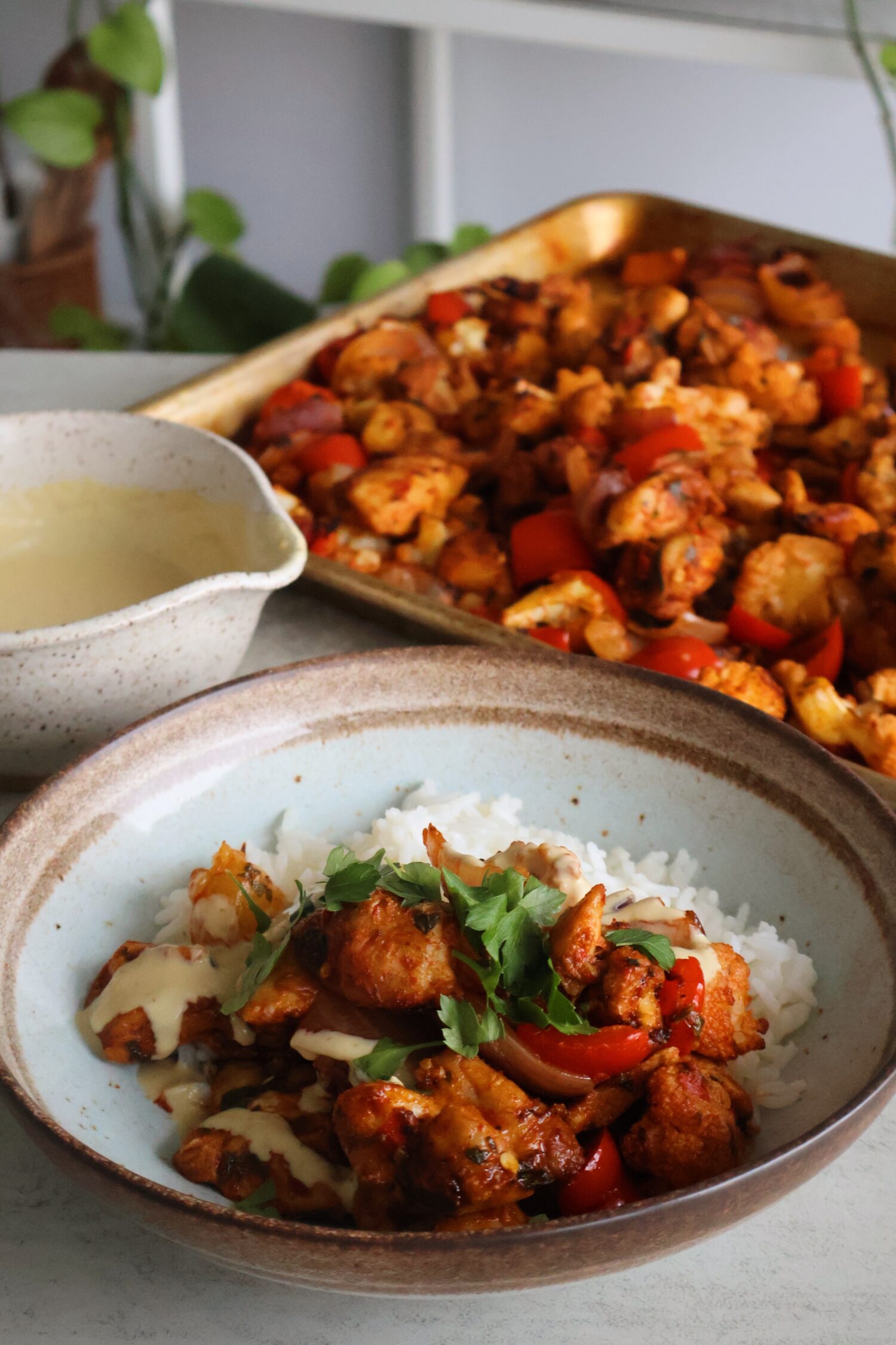 Sheet Pan Harissa Chicken with Amba Tahini - Something Nutritious